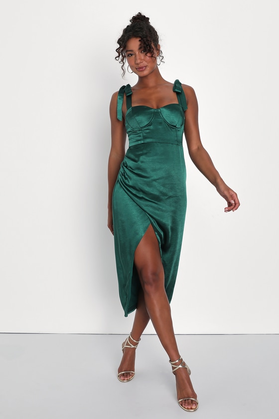 Emerald Green Midi Dress - Satin Midi Dress - Tie-Strap Dress - Lulus