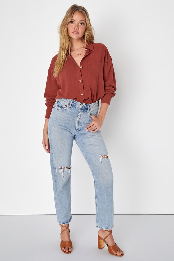 Rust Brown Cropped Button-Down - Long Sleeve Top - Button-Up - Lulus