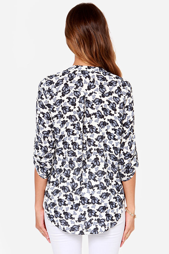 Ivory Print Top - Floral Top - V Neck Top - $37.00