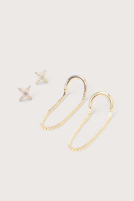 14KT Gold Rhinestone Earrings - Chain Earring Set - Earring Set - Lulus
