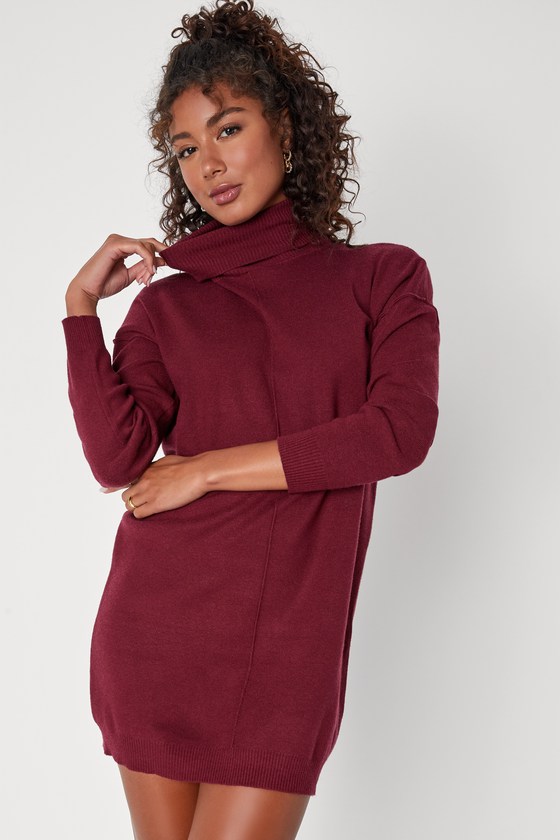 Burgundy Sweater Dress - Turtleneck Dress - Mini Sweater Dress - Lulus