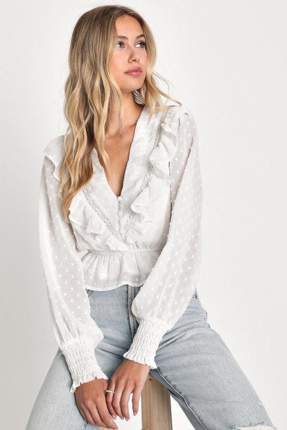 White Ruffled Top - Swiss Dot Lace Top - Ruffled Long Sleeve Top - Lulus