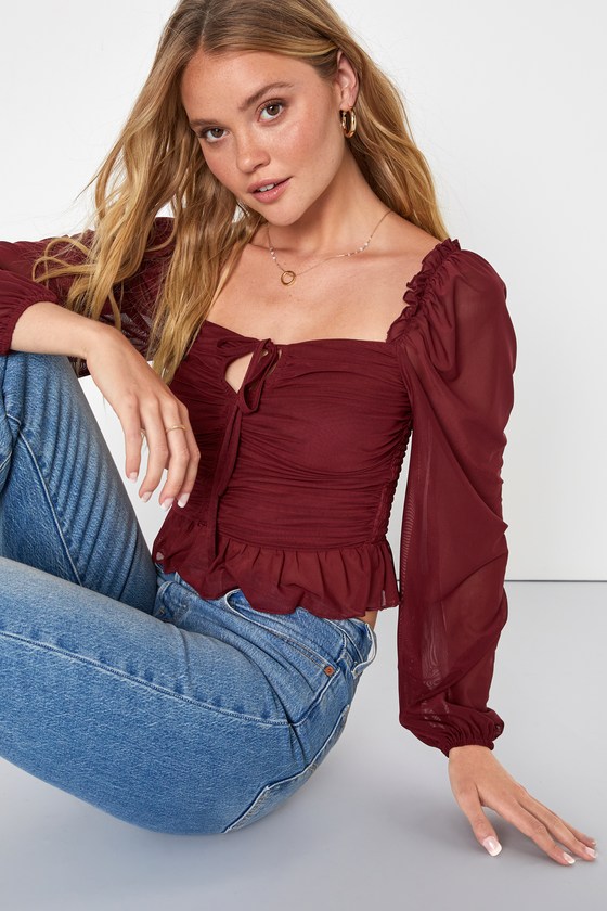 Burgundy Peplum Top - Mesh Ruched Top - Ruffled Long Sleeve Top - Lulus
