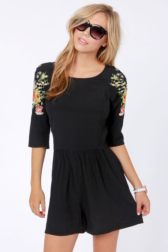 Cute Black Romper - Embroidered Romper - Short Sleeve Romper - $63.00 ...