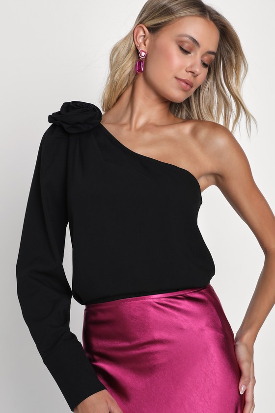 Chic Black Top - One-Shoulder Top - Rosette Detail Top - Lulus