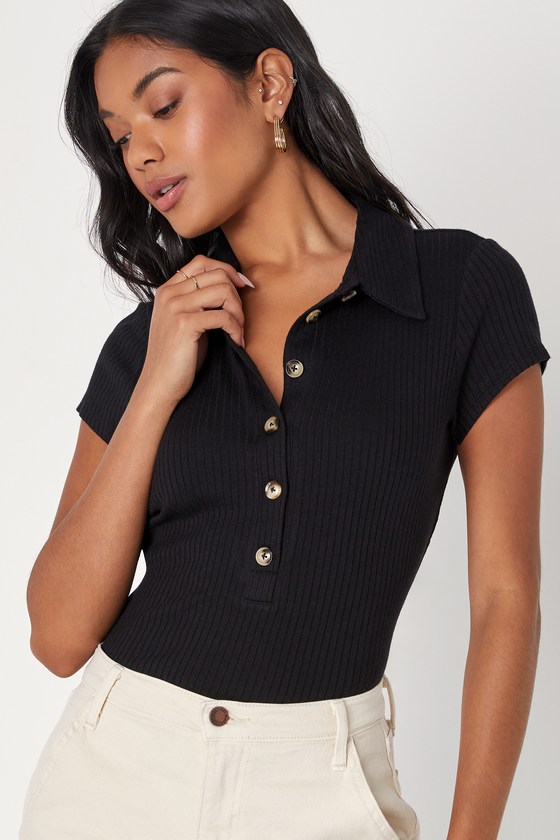 Black Ribbed Polo Top - Cropped Polo Top - Polo - Cute Polo - Lulus