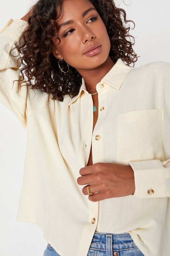 Cream Cropped Button-Down - Long Sleeve Top - Button-Up - Lulus