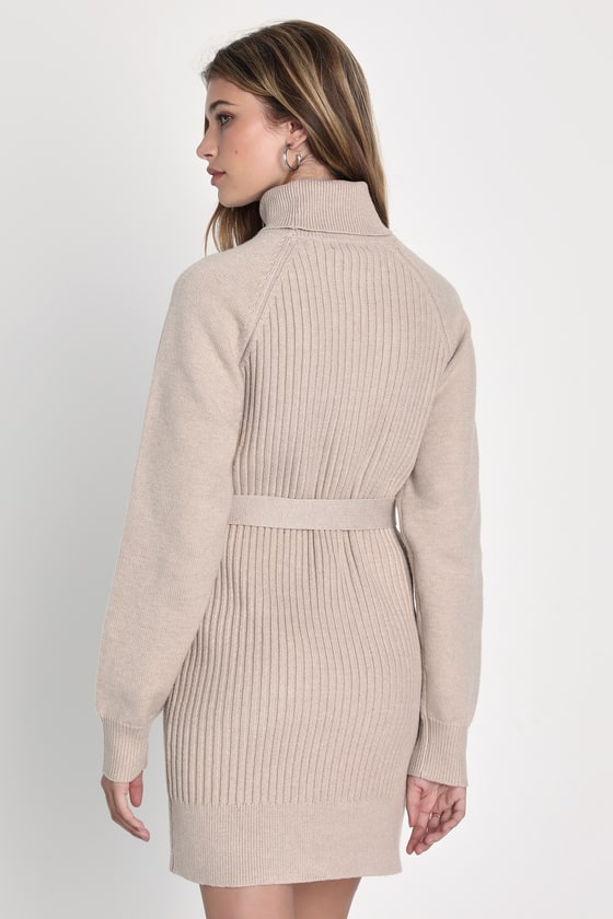 Beige Ribbed Knit Dress - Turtleneck Mini Dress - Sweater Dress - Lulus