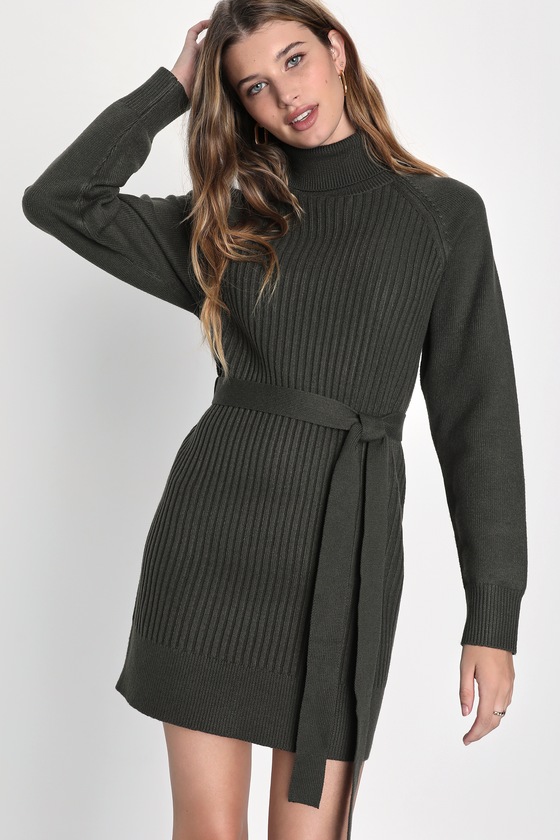 Green Ribbed Knit Dress - Turtleneck Mini Dress - Sweater Dress - Lulus