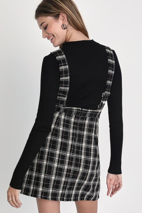 Black & White Tweed Plaid Dress - Apron Dress - Pinafore Dress - Lulus