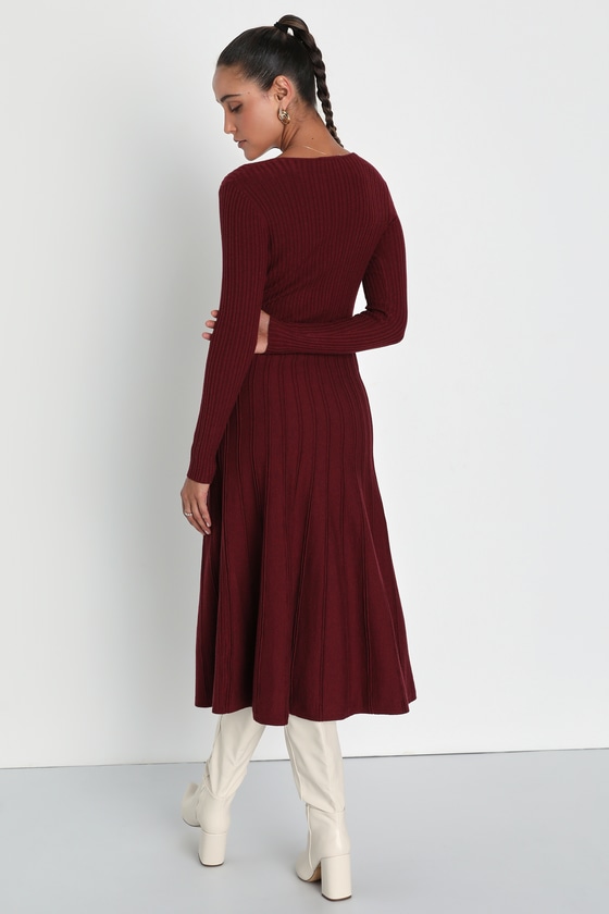 Burgundy Dress - Ribbed Sweater Dress - Sweater Midi Dress - Lulus