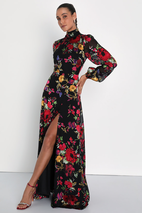Black Floral Burnout Dress Chiffon Backless Dress Maxi Dress Lulus
