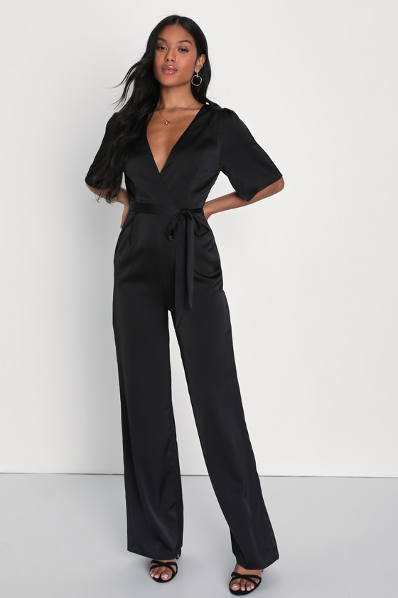 Black Satin Jumpsuit Short Sleeve Jumpsuit Wide Leg Jumpsuit Lulus