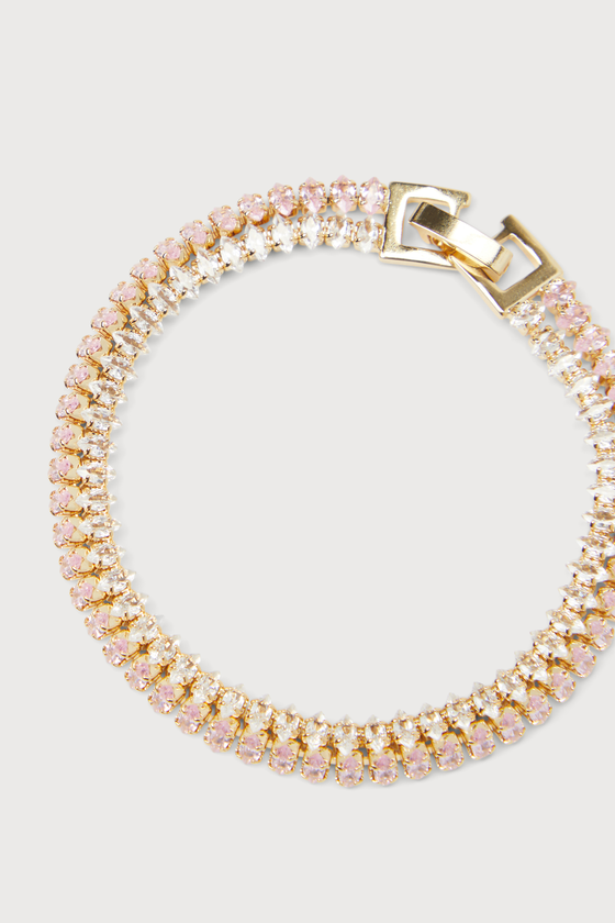 Gold & Pink Bracelet - Two Strand Bracelet - Rhinestone Bracelet - Lulus