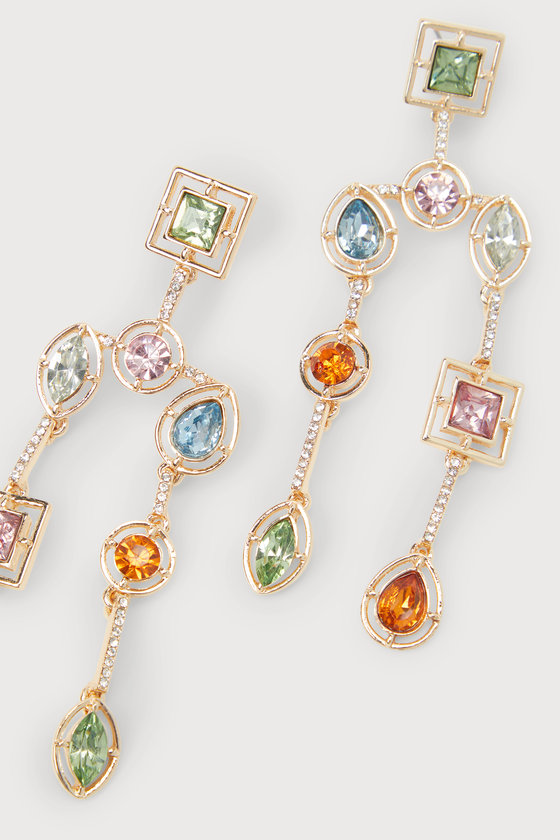 Gold Multi Rhinestone Earrings - Statement Earrings - Earrings - Lulus