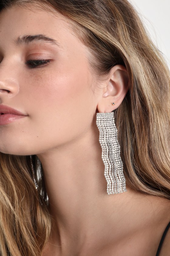 Silver Wavy Earrings - Rhinestone Earrings - Fringe Earrings - Lulus
