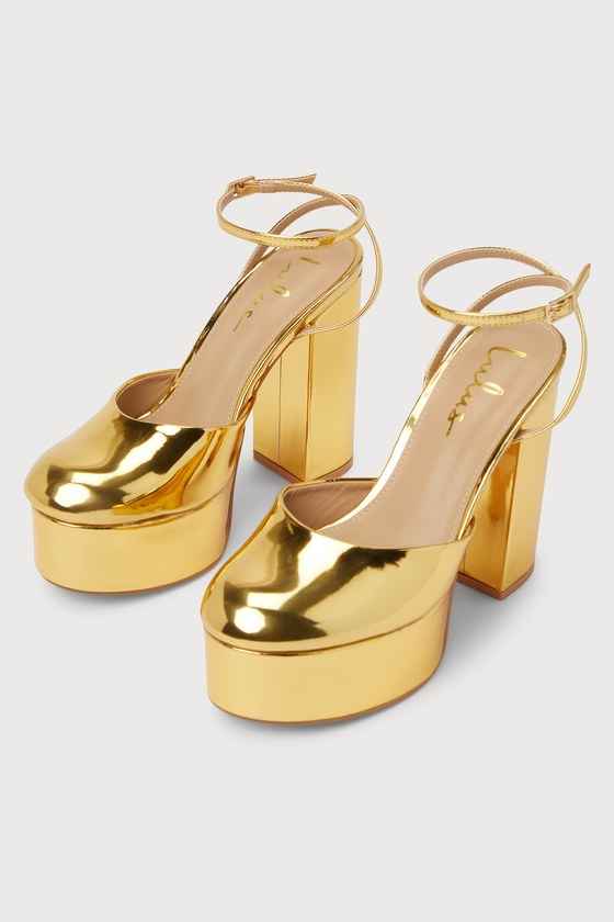 Gold Patent Pumps - Gold Platform Heels - Ankle Strap Heels - Lulus