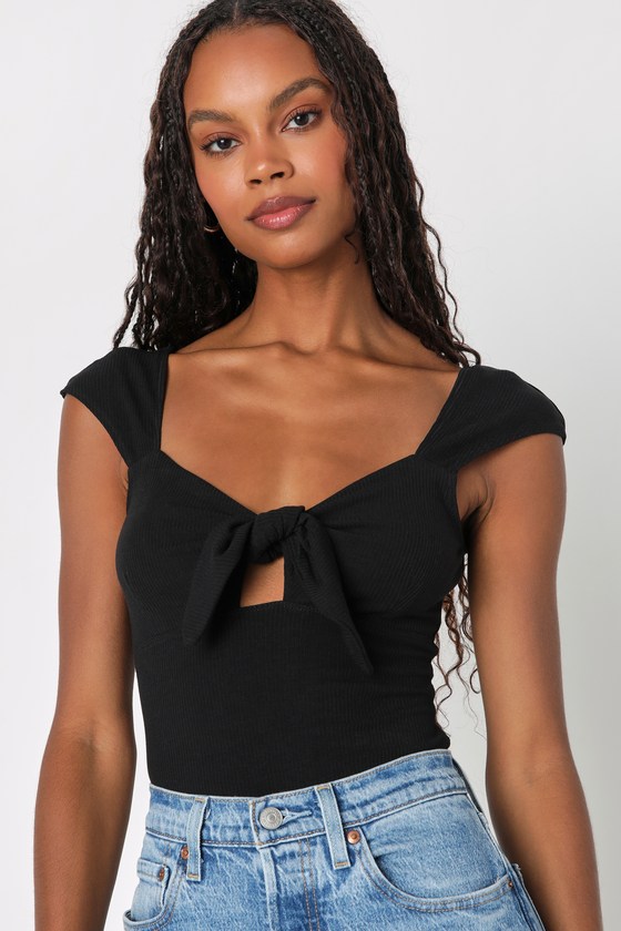 Cute Black Bodysuit - Tie-Front Bodysuit - Cap Sleeve Bodysuit - Lulus