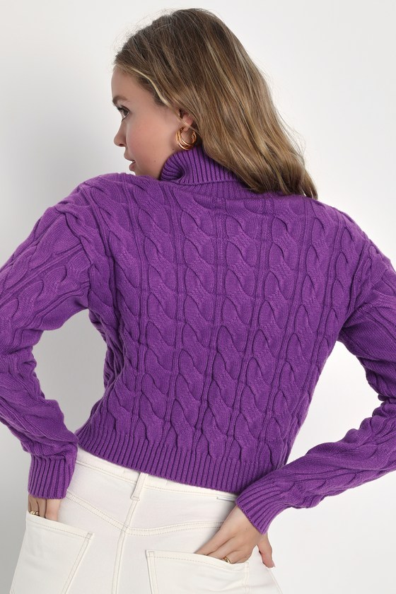 Purple Cable Knit Sweater - Cropped Turtleneck - Pullover Sweater - Lulus