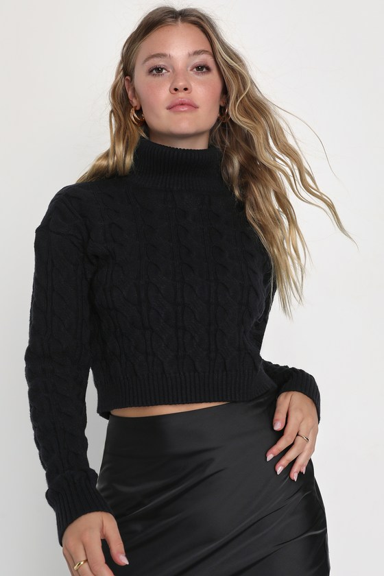 Black Cable Knit Sweater - Cropped Turtleneck - Pullover Sweater - Lulus