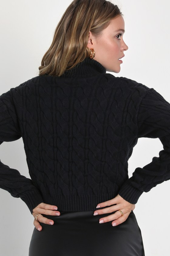 Black Cable Knit Sweater - Cropped Turtleneck - Pullover Sweater - Lulus