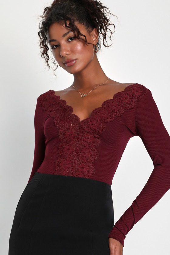 Burgundy Bodysuit - Lace-Trimmed Bodysuit - Long Sleeve Top - Lulus