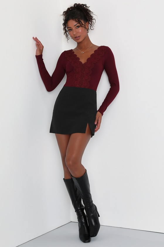 Burgundy Bodysuit Lace Trimmed Bodysuit Long Sleeve Top Lulus