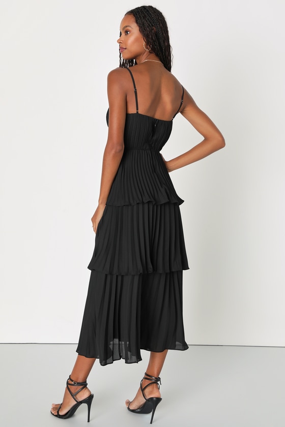 Black Midi Dress - Tiered Pleated Midi Dress - Bustier Midi Dress - Lulus