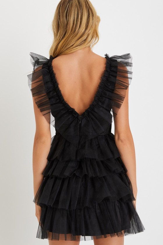 Black Tulle Dress - Tiered Ruffled Dress - V-Neck Mini Dress - Lulus