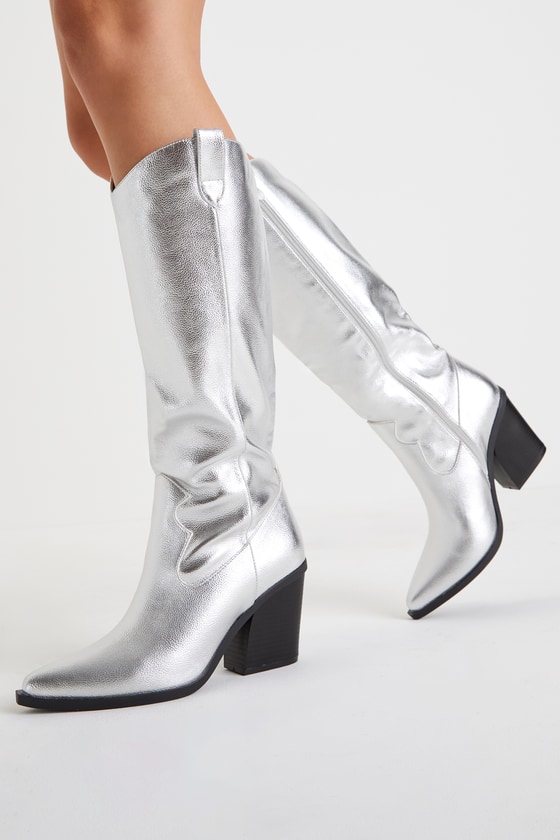 Silver Western Boots - Silver Knee-High Boots - Pointed-Toe Boots - Lulus