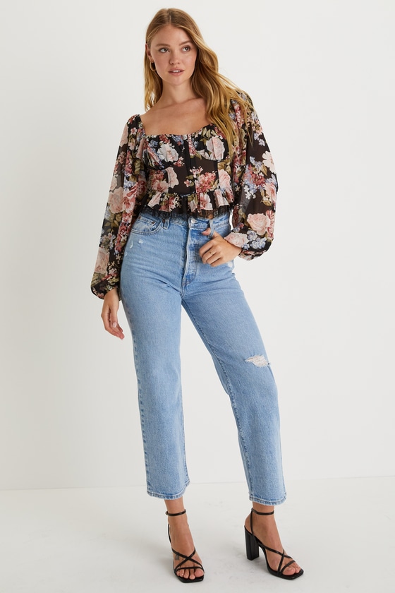 Cute Black Floral Top - Balloon Sleeve Top - Bustier Top - Lulus Cute Black Floral Top - Balloon Sleeve Top - Bustier Top - Lulus