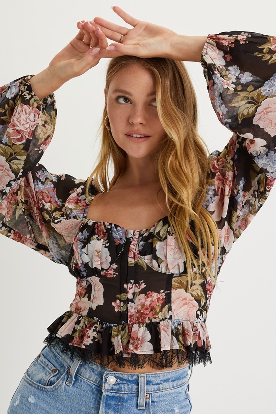 Cute Black Floral Top - Balloon Sleeve Top - Bustier Top - Lulus Cute Black Floral Top - Balloon Sleeve Top - Bustier Top - Lulus