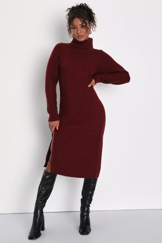 Red Cable Knit Dress - Turtleneck Sweater Dress - Midi Dress - Lulus
