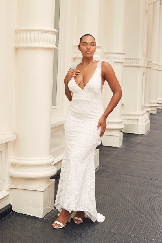 White Lace Bridal Gown - Mermaid Maxi Dress - V-Neck Lace Dress - Lulus
