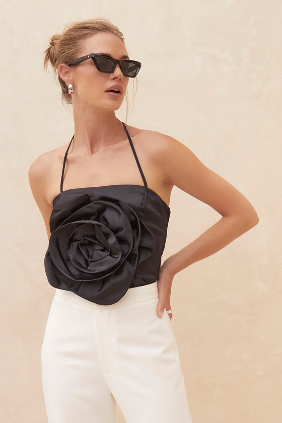 Chic Black Satin Top - Halter Crop Top - Rosette Top - Lulus