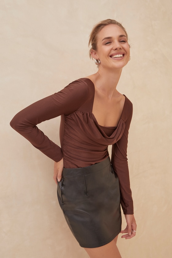 Cute Brown Bodysuit - Ruched Bodysuit - Long Sleeve Bodysuit - Lulus