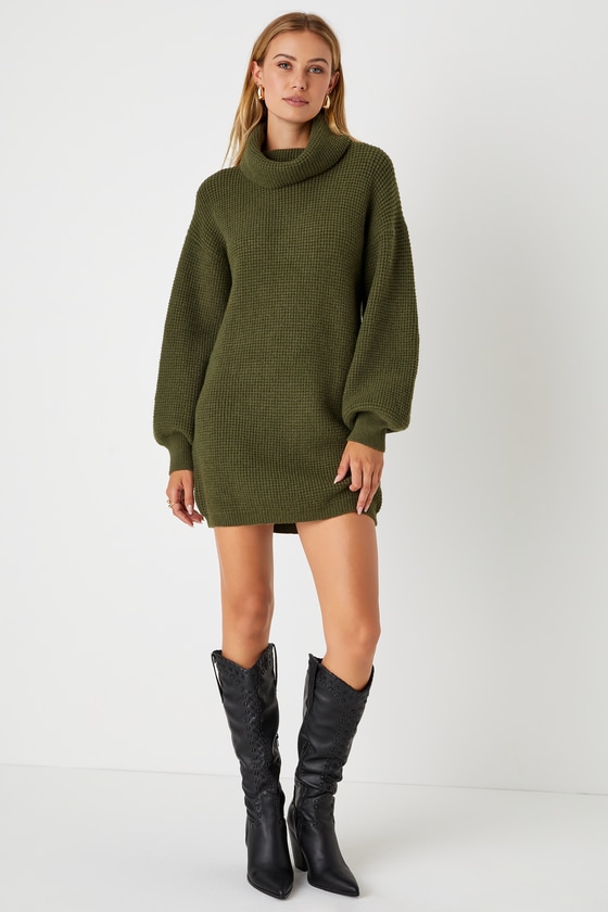 Olive Green Sweater Dress - Cowl Neck Sweater Dress - Knit Dress - Lulus