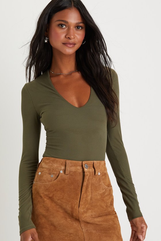 Green Ribbed Bodysuit - Long Sleeve Bodysuit- V-Neck Top - Lulus