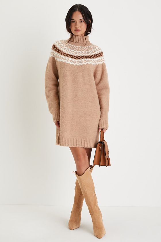 Beige Multi Sweater Dress - Turtleneck Sweater Dress - Mini Dress - Lulus