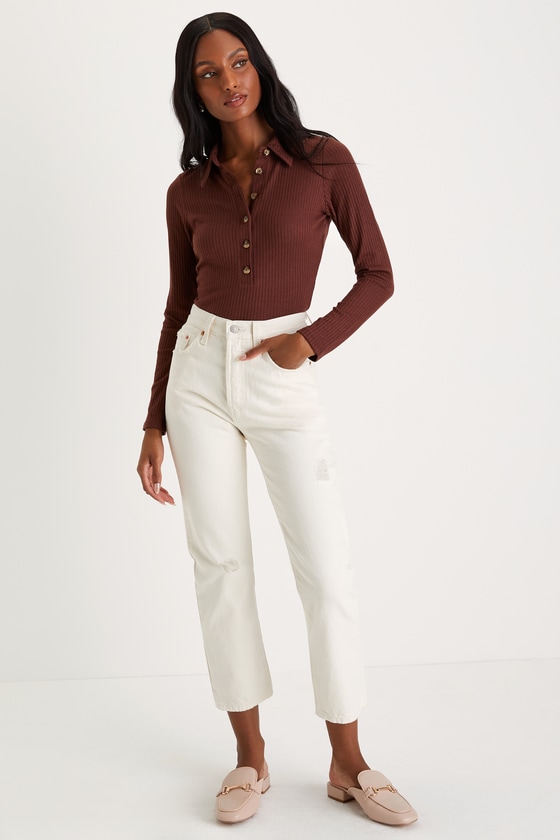 Chocolate Brown Top - Ribbed Polo - Long Sleeve Polo Top - Lulus