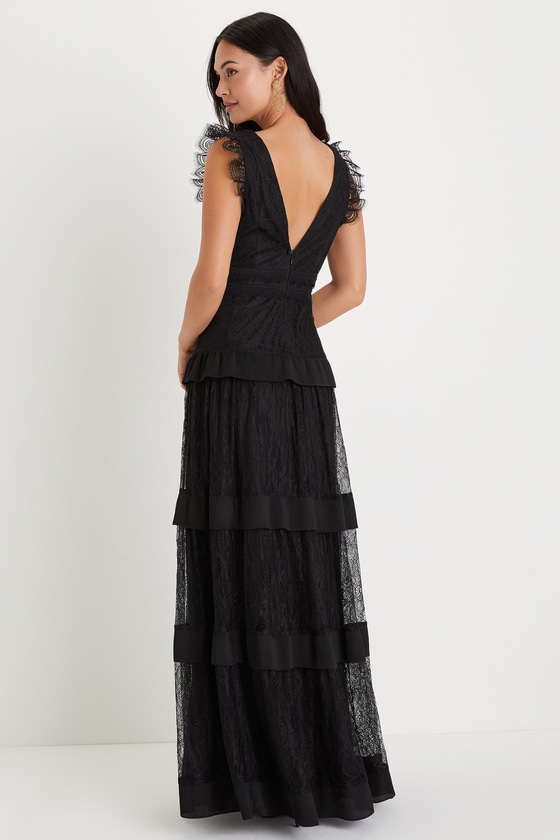 Black Lace Dress - Ruffle Pleated Dress - Tiered Maxi Dress - Lulus
