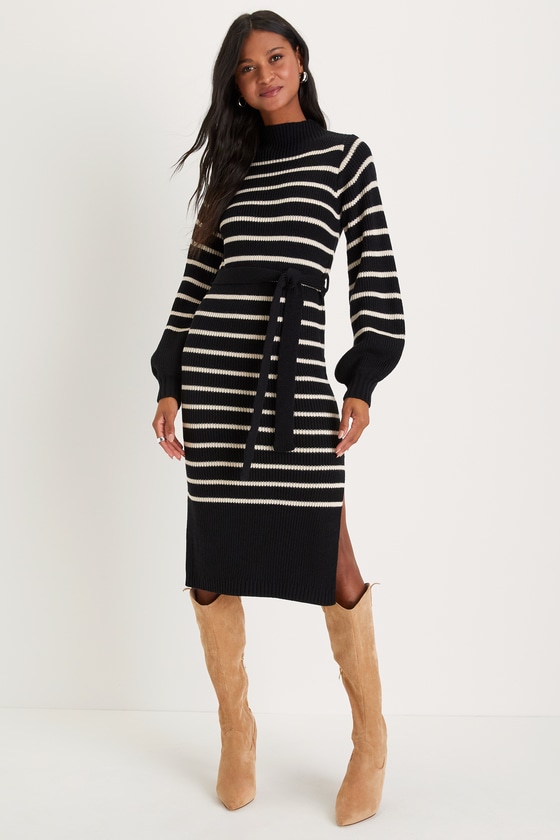 Black Striped Sweater Dress - Midi Dress - Mock Neck Dress - Lulus