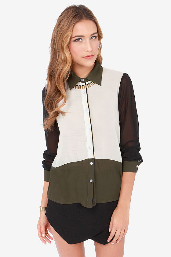 Cute Color Block Top - Olive Green Top - Button-Up Top - Black Top ...