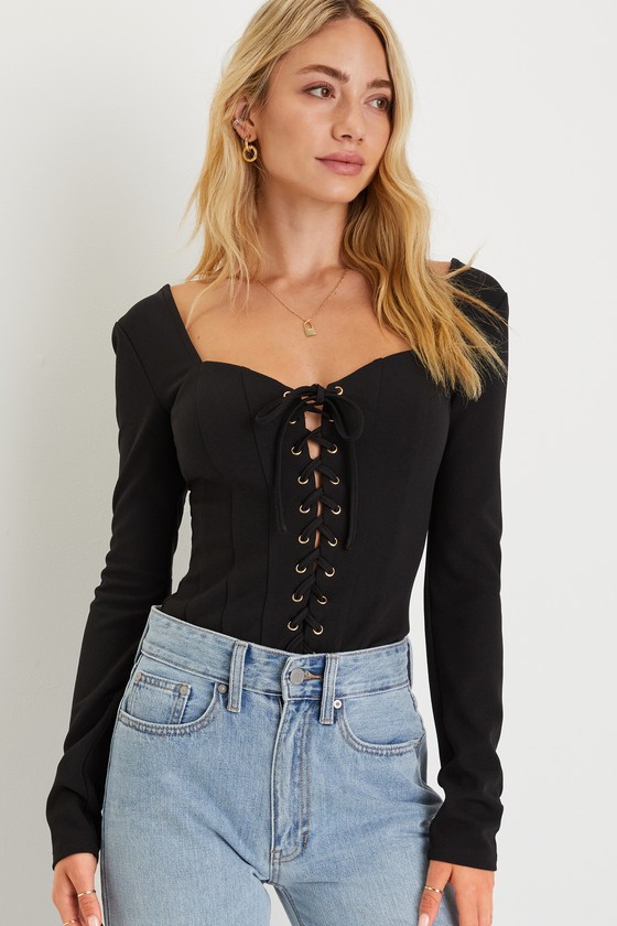 Black Bodysuit - Lace-Up Front Bodysuit - Long Sleeve Bodysuit - Lulus