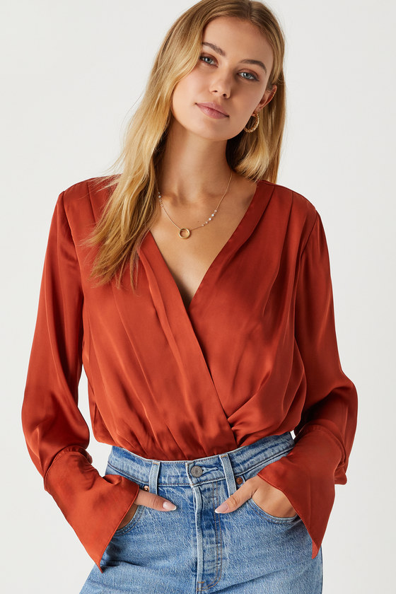 Rust Satin Bodysuit - Surplice Satin Top - Long Sleeve Bodysuit - Lulus