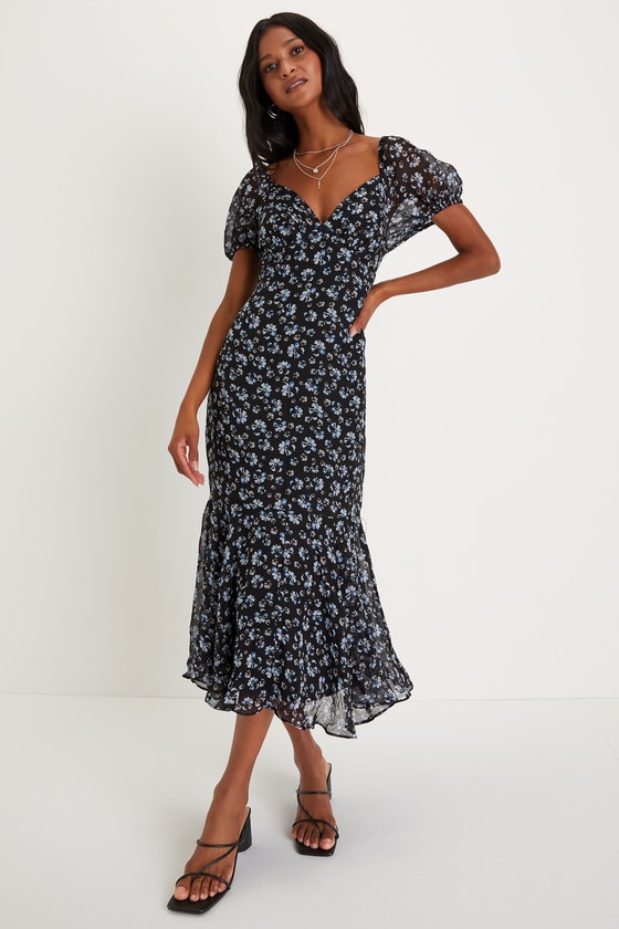 Black Floral Dress - Puff Sleeve Midi Dress - Black Midi Dress - Lulus