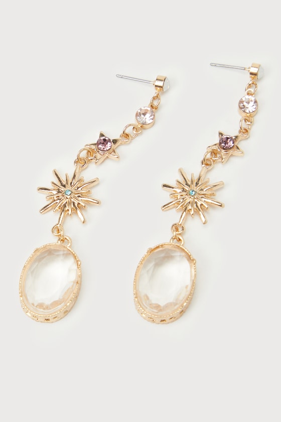Gold Rhinestone Earrings - Star Statement Earrings - Sun Earrings - Lulus