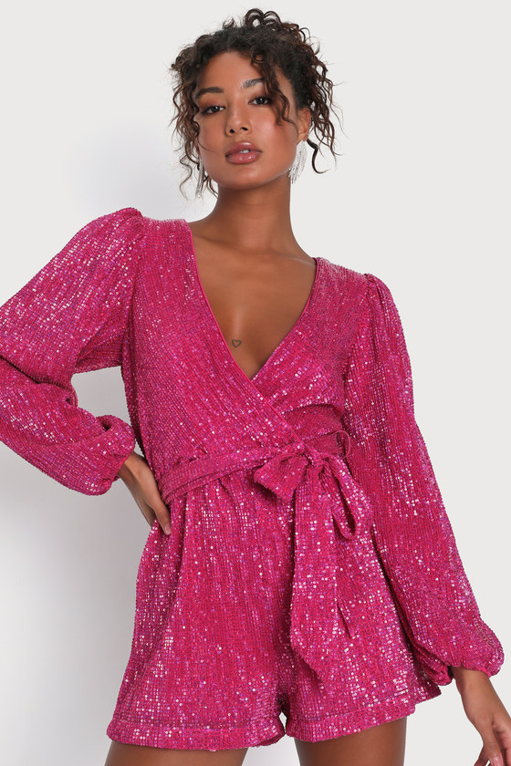 Hot Pink Romper Pink Sequin Romper Long Sleeve Romper Lulus
