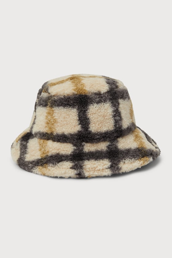 Shiraleah Raya - Ivory Plaid Hat - Teddy Bucket Hat - Fuzzy Hat - Lulus