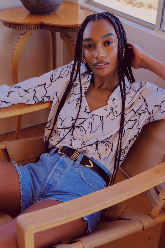 Black & White Abstract Print Top - Button-Up Top - Collared Top - Lulus